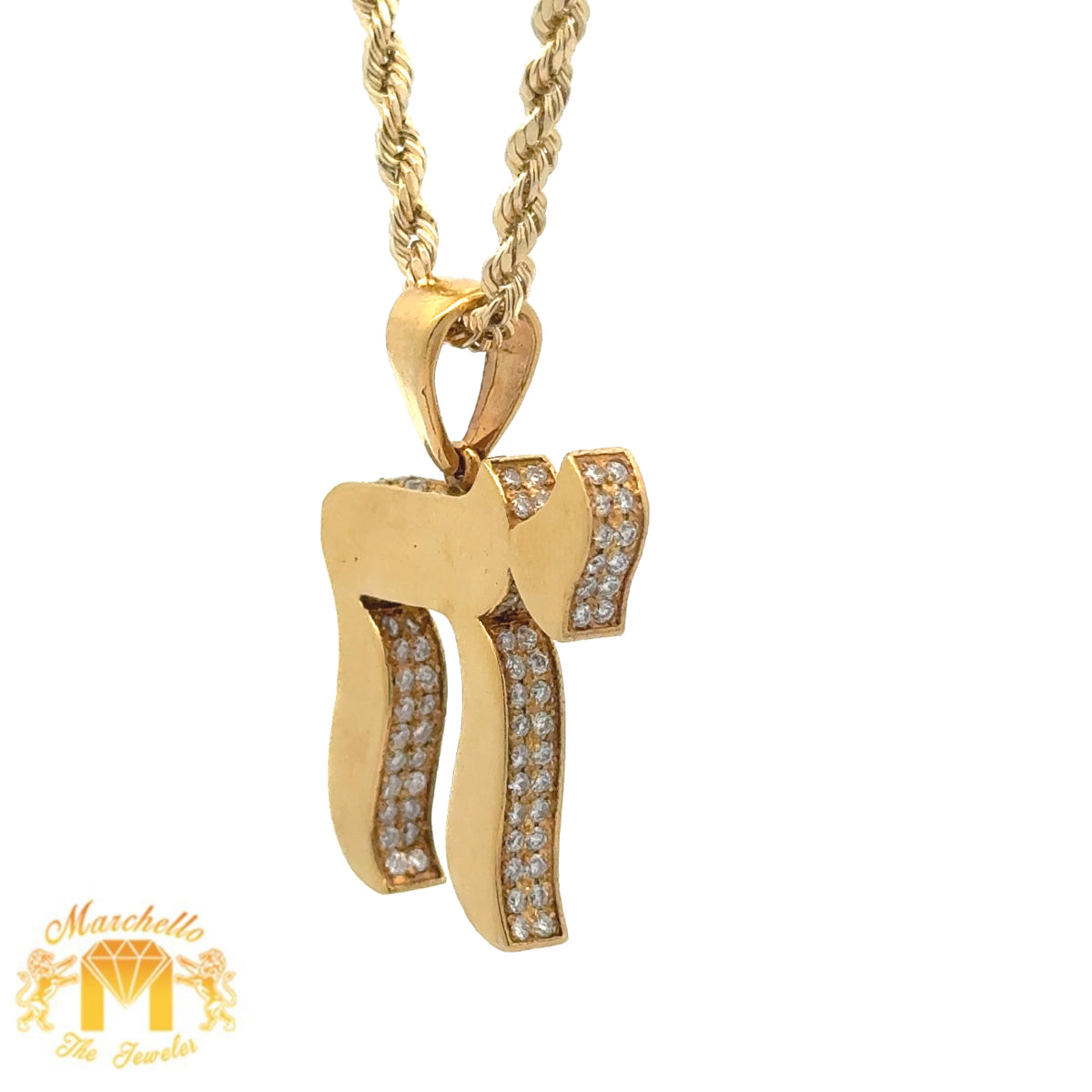 14k Yellow Gold and Diamond Chai Pendant and 14k Yellow Gold Rope Chai ...