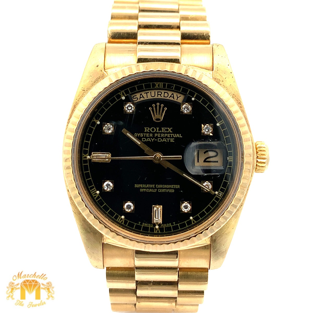 36mm 18k gold Rolex Presidential Watch (black diamond dial, quick-set ...
