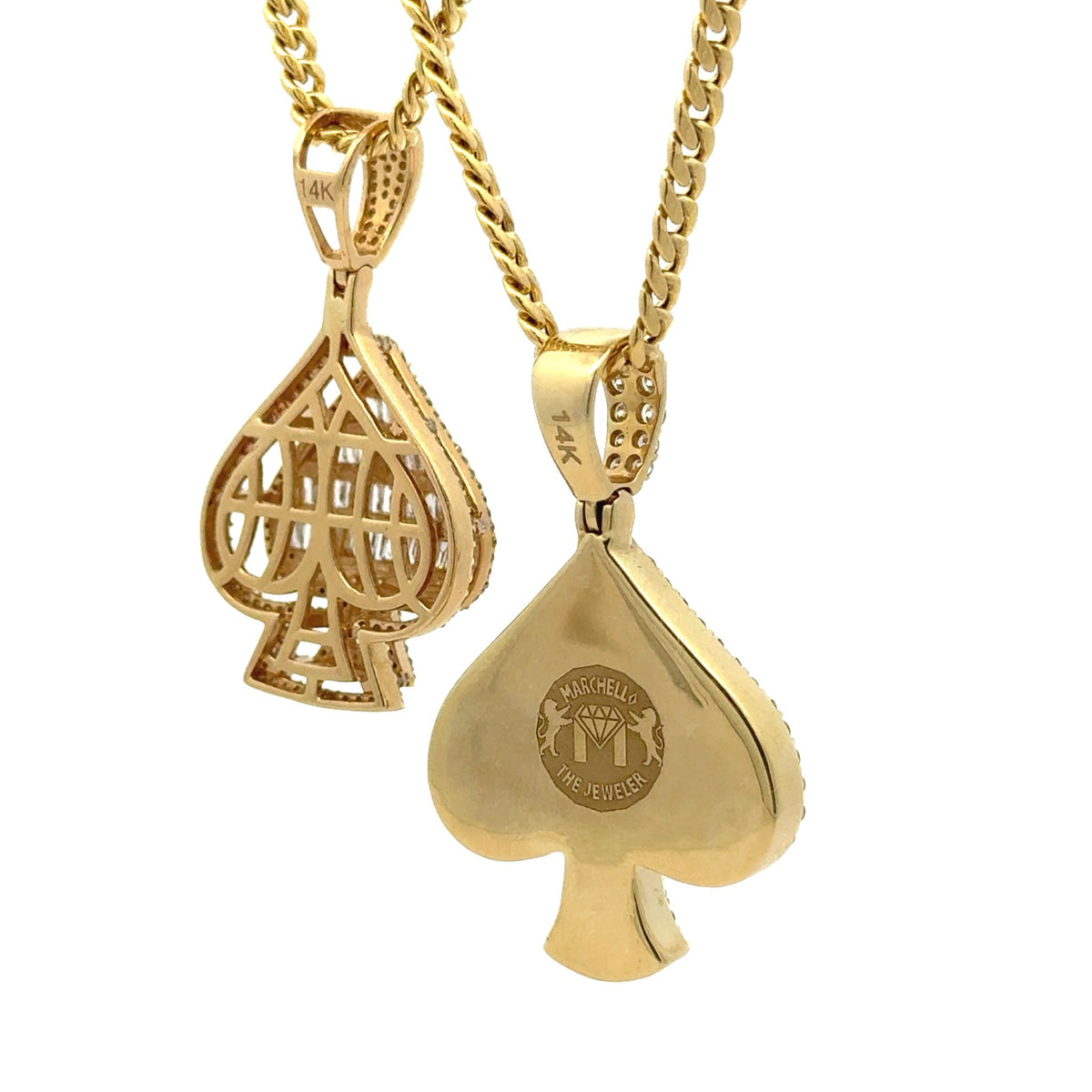 14k Gold Ace of Spades Diamond 2 Pendants + Yellow Gold Cuban 2 Chains ...
