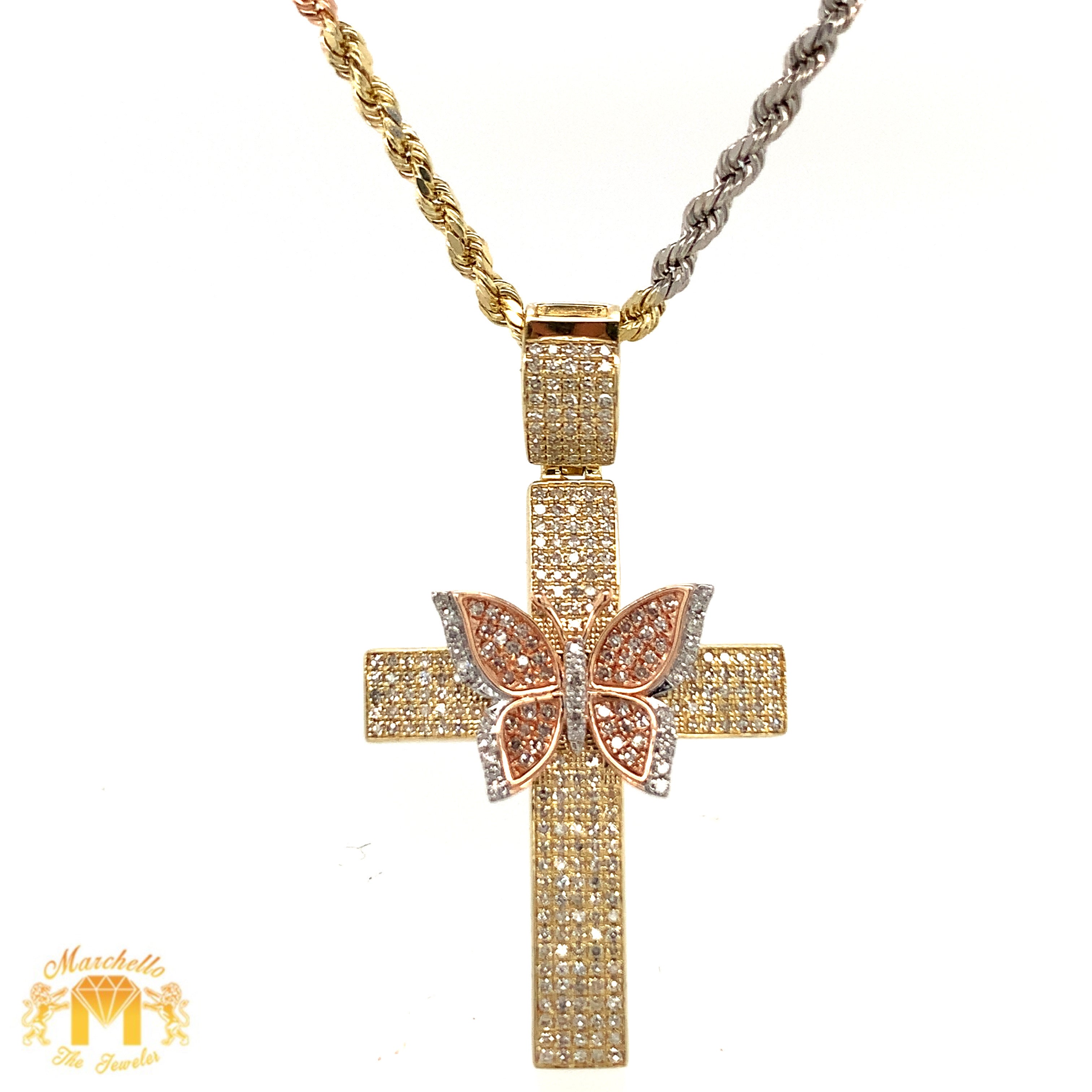 Tri-color Gold and Diamond Butterfly Cross and 2mm Rope Chain Set – MTJ