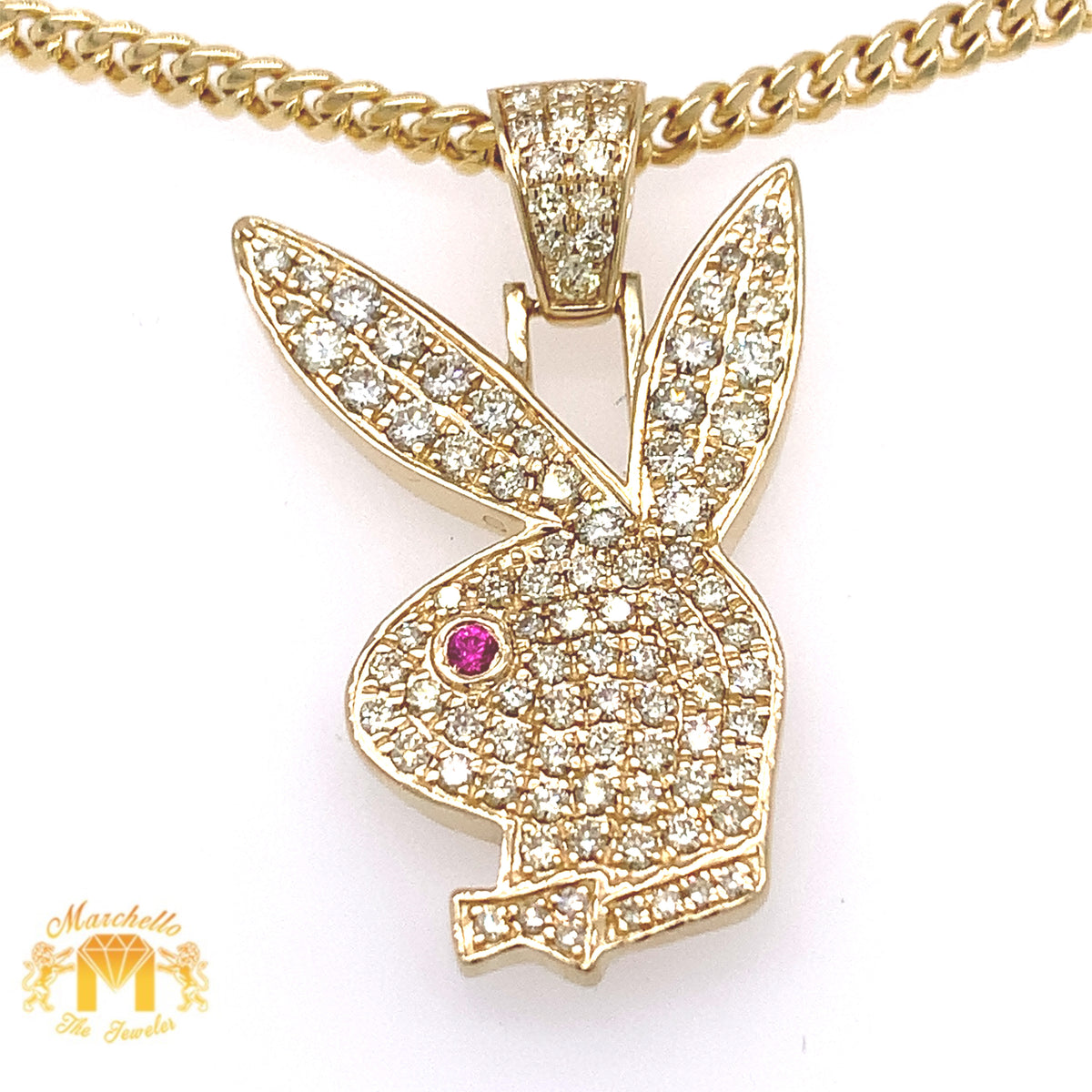 14k Gold XL Playboy Bunny Pendant with Round Diamond and Gold Chain Se ...