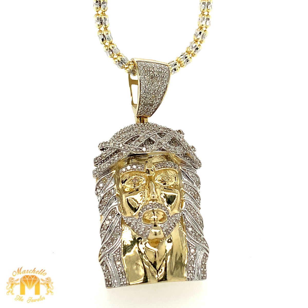 Gold and Diamond Jesus Face Diamond Pendant, 2mm Ice Link Chain (choos ...