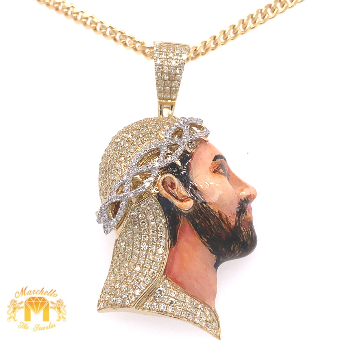 Yellow Gold & Diamond Jesus Face Pendant and Cuban Link Chain – MTJ