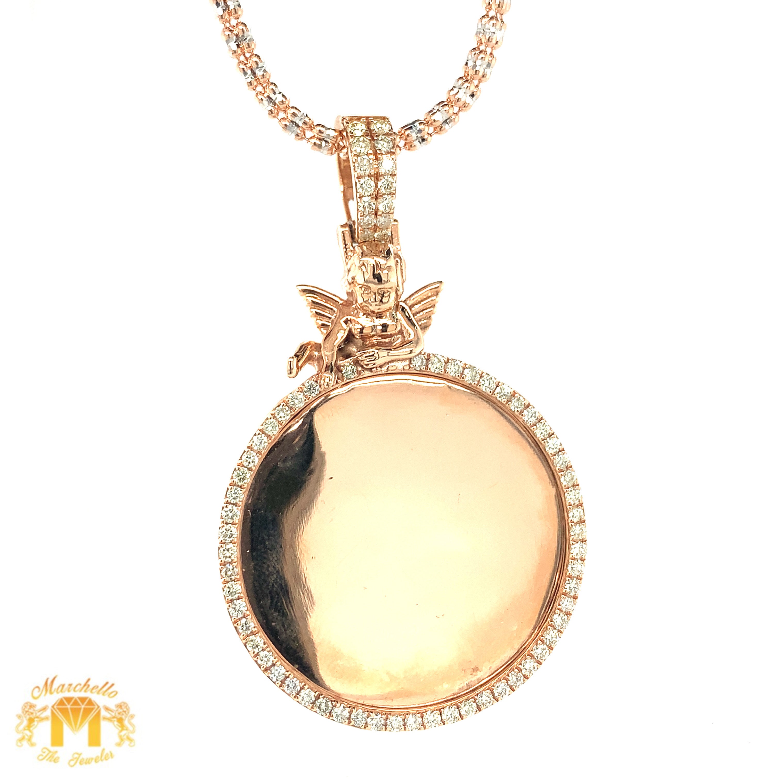 14k Gold Round Memory Picture Diamond Pendant with Angel, Gold 2mm Ice ...